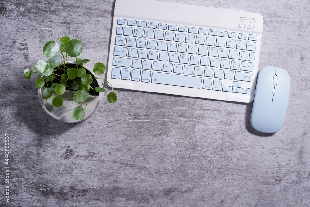 Office desk with copy space. Digital devices wireless keyboard and ...