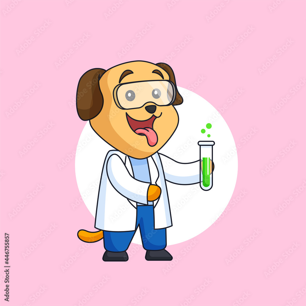 Dog wearing white coat and glasses carrying green chemical liquid ...