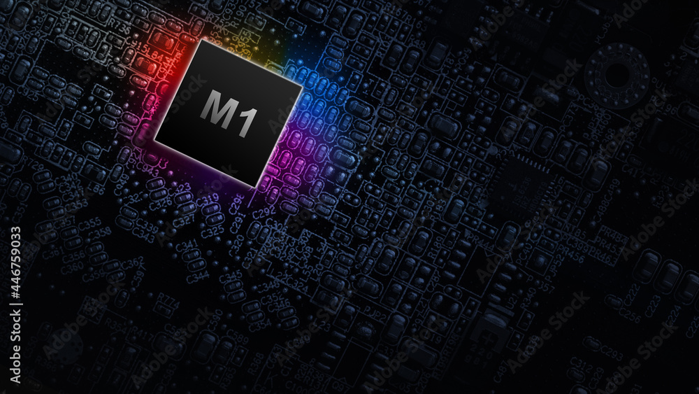 M1 processor chip. Digital computer processor, network motherboard chip ...