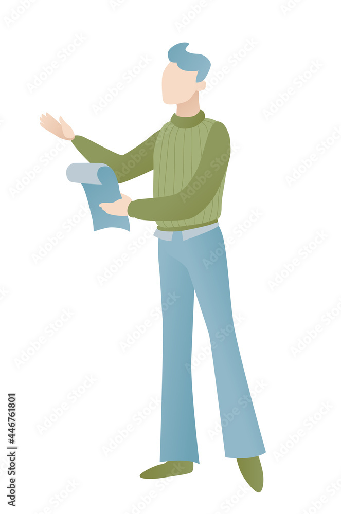 Young man poet reading his poetry. Writer author standing with his poem ...