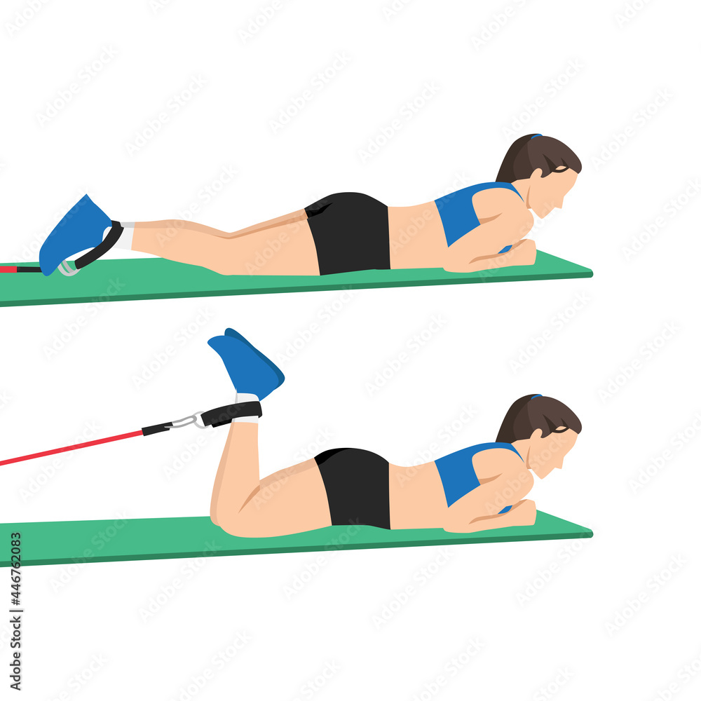 Woman doing Prone leg curl exercise. flat vector illustration isolated ...
