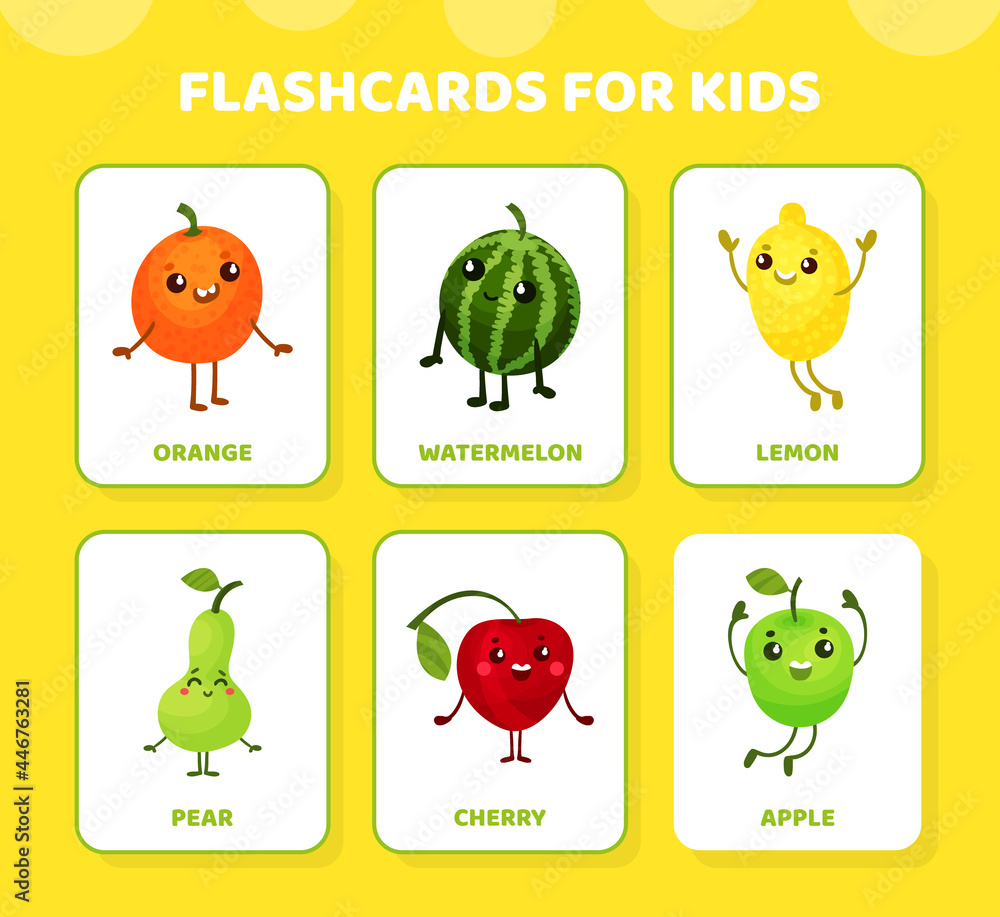Flashcards for Kids with Funny Humanized Fruit Vector Set Stock Vector ...