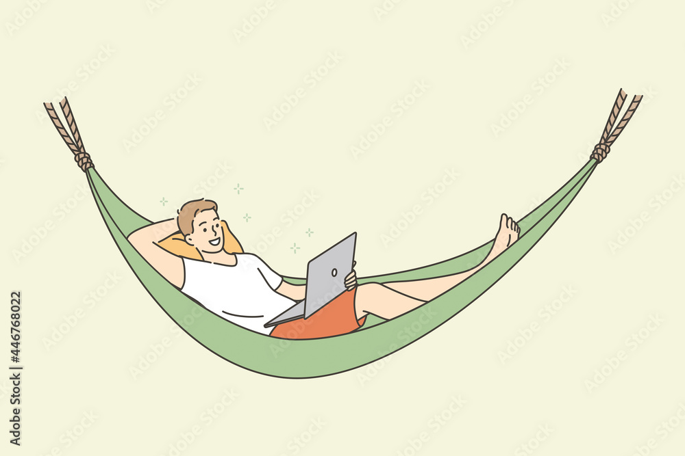 Distant work freelance and rest concept. Young smiling man cartoon ...