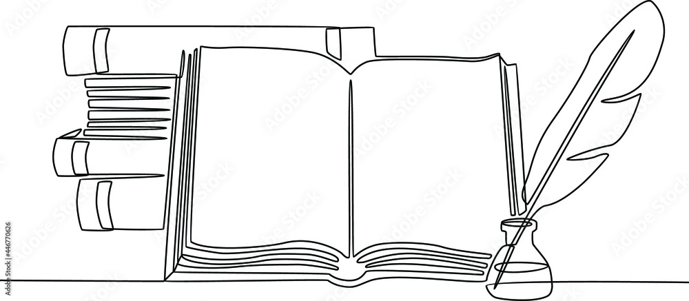 continuous line drawing Pile of books, quill pen and ink vector ...