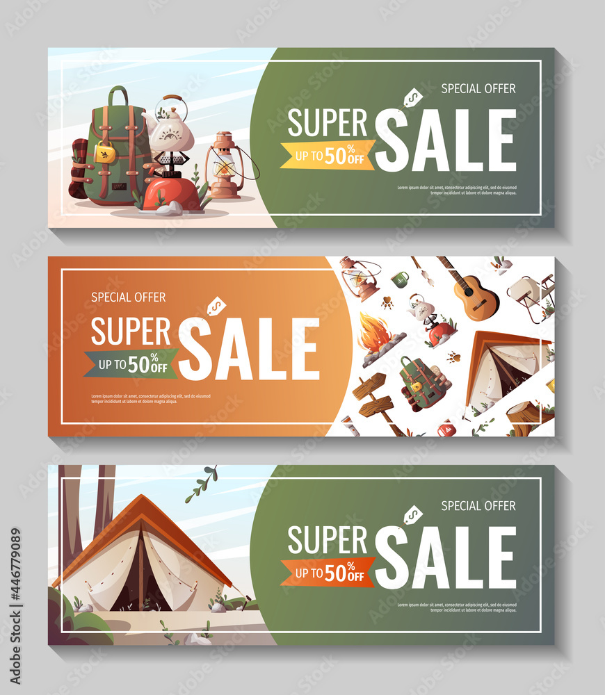 Set of promo sale flyers for summer camping, traveling, trip, hiking ...