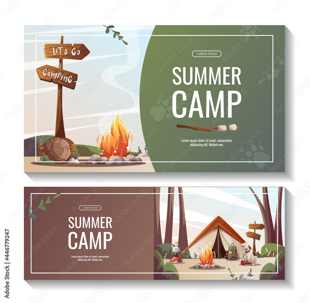 Set of promo flyers with campsite for summer camping, traveling, trip ...