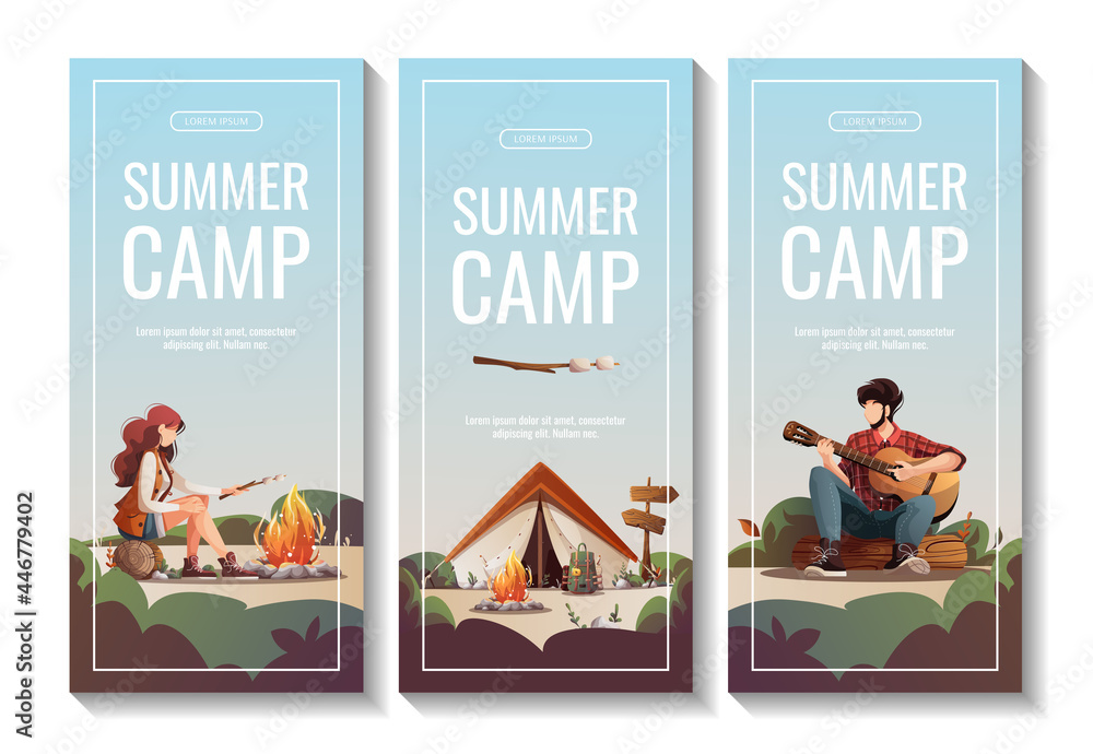 Set of promo flyers with campsite for summer camping, traveling, trip ...