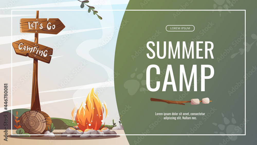 Promo flyer with Campsite with campfire, log and guidepost. Camping ...