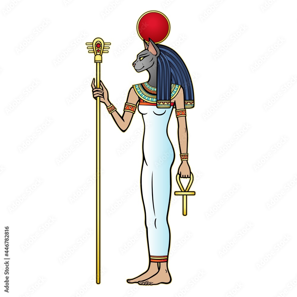Animation portrait Ancient Egyptian goddess Bastet (Bast) holds symbols ...
