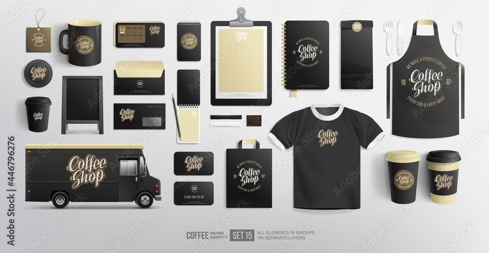 Coffee shop and Restaurant black Brand identity design on mockup items ...