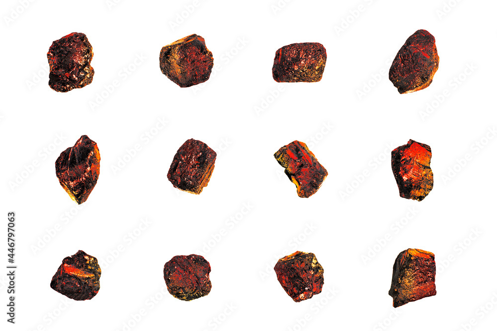 Red hot coal stones set isolated white, burning natural black charcoal ...