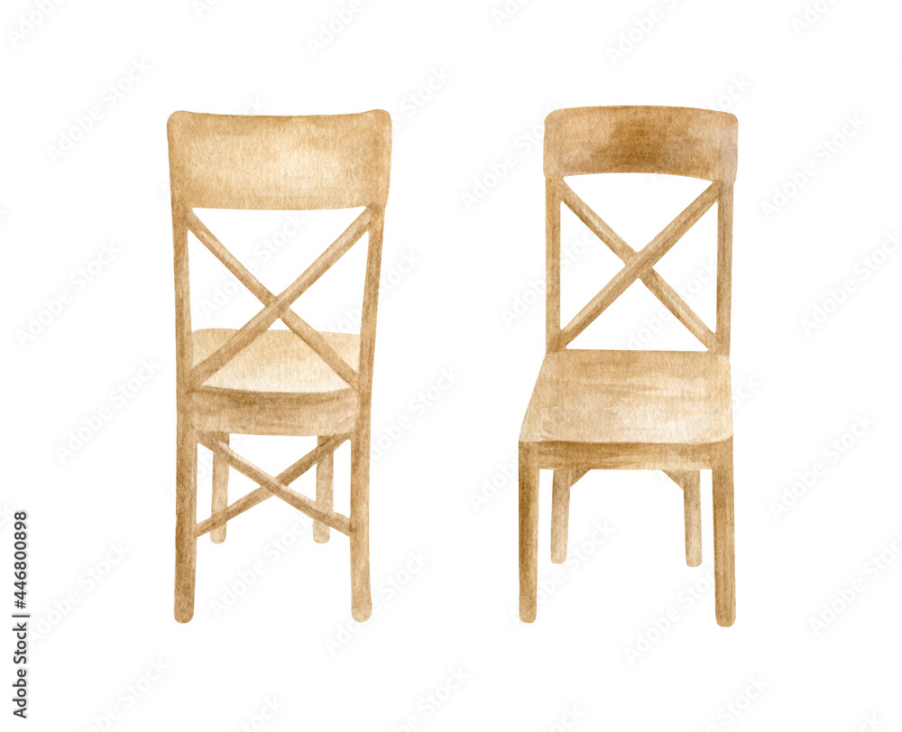 Watercolor wood chairs set. Hand drawn brown furniture with wooden ...