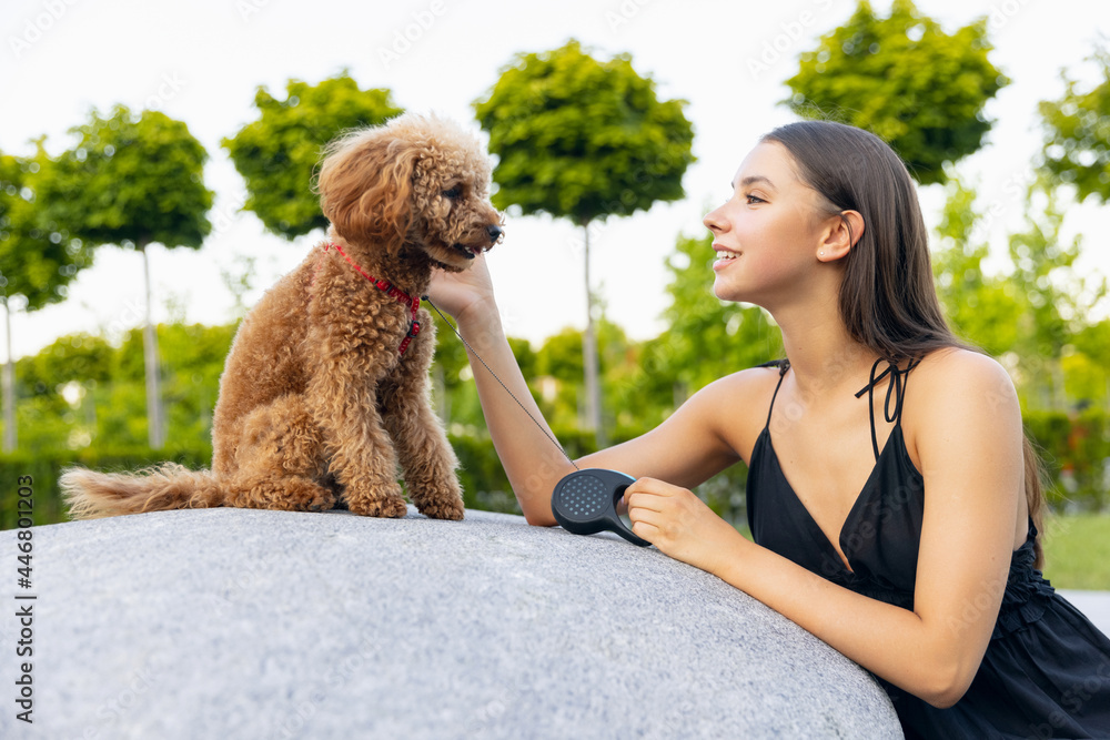 Young girl and her pet, little golden poodle dog strolling in public ...