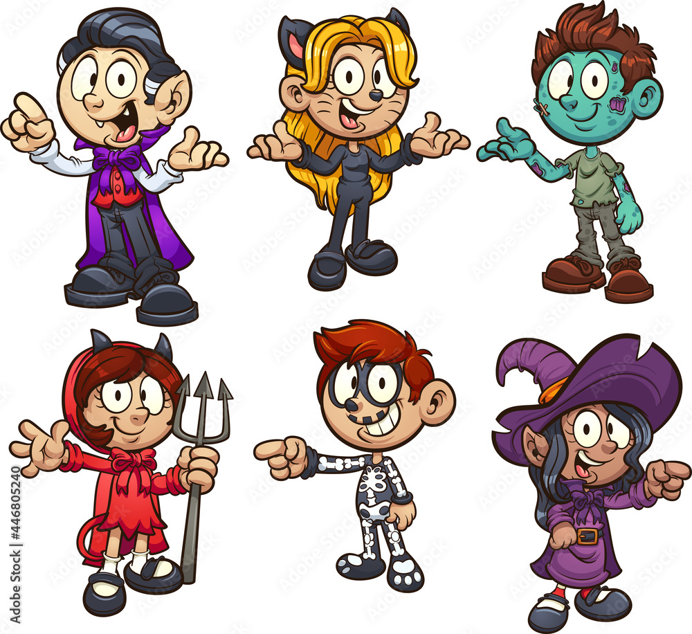 Boys and girls in different Halloween costumes. Vector clip art ...