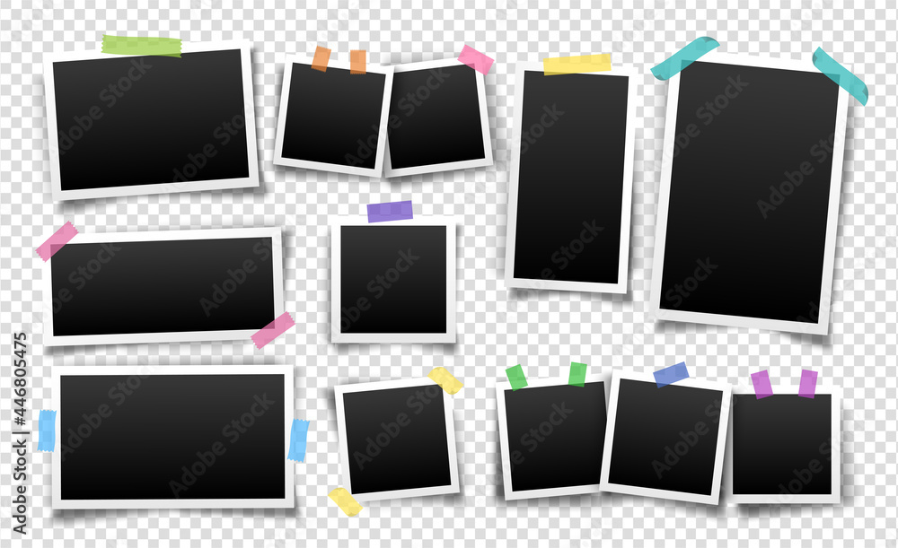 Photo frames fixed with sticky tape. Vector templates set for editing ...
