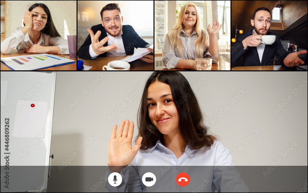 Greetings colleagues, business partners. Team working by group video ...