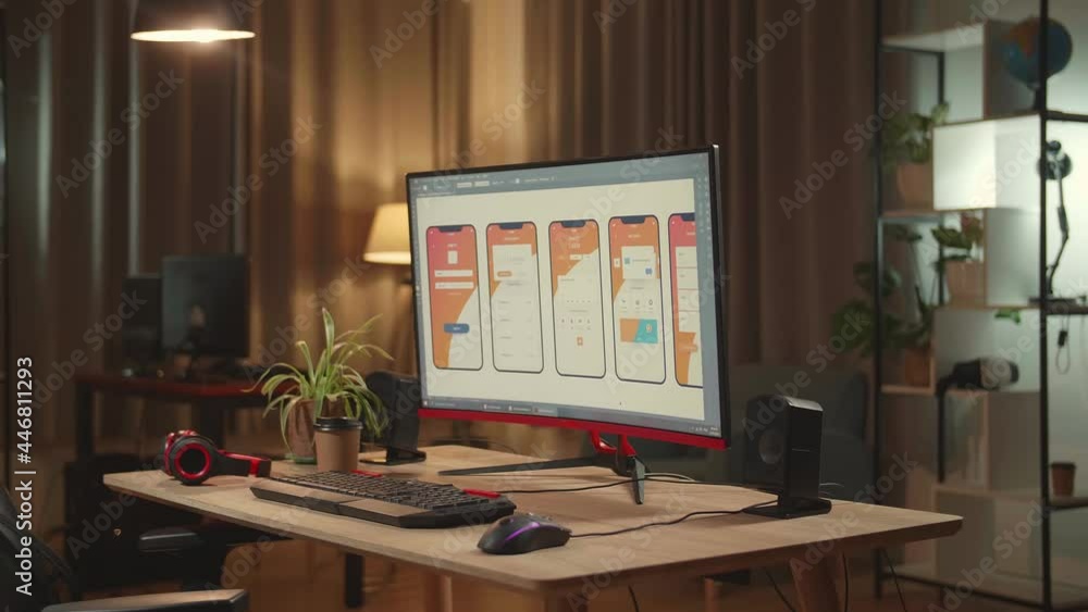 Desk With Mobile Application Design On Personal Computer With Big ...