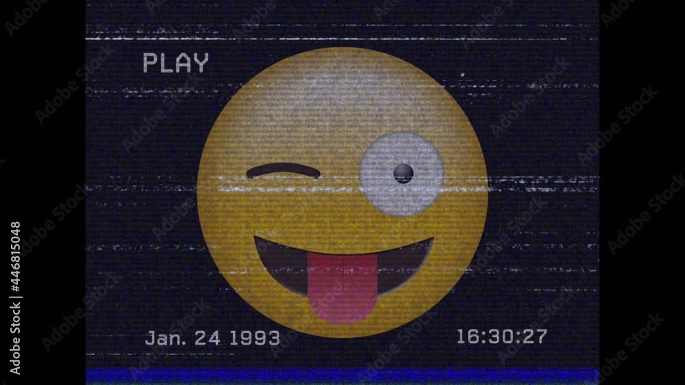 Digital animation of vhs glitch effect over silly face emoji against ...