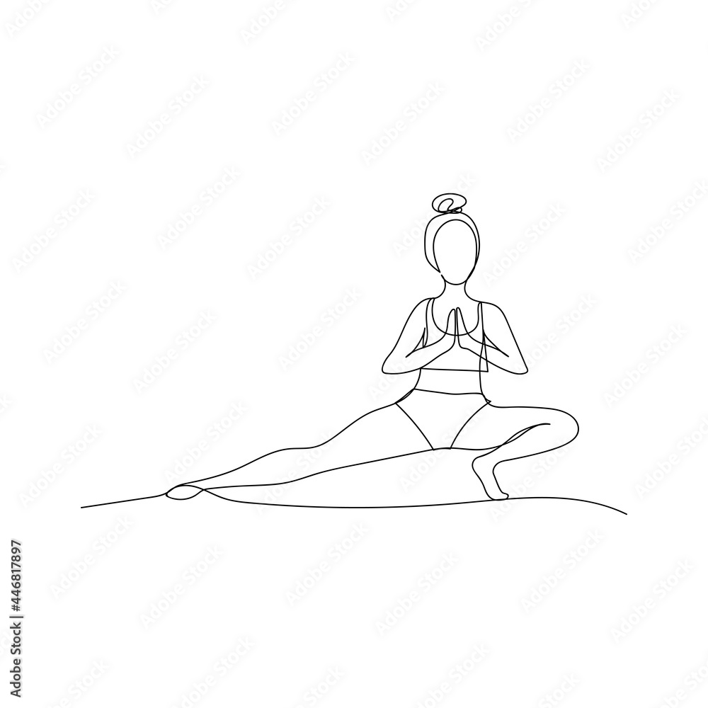 Woman in yoga asana side lunge. Drawing with one continuous line. Yoga ...