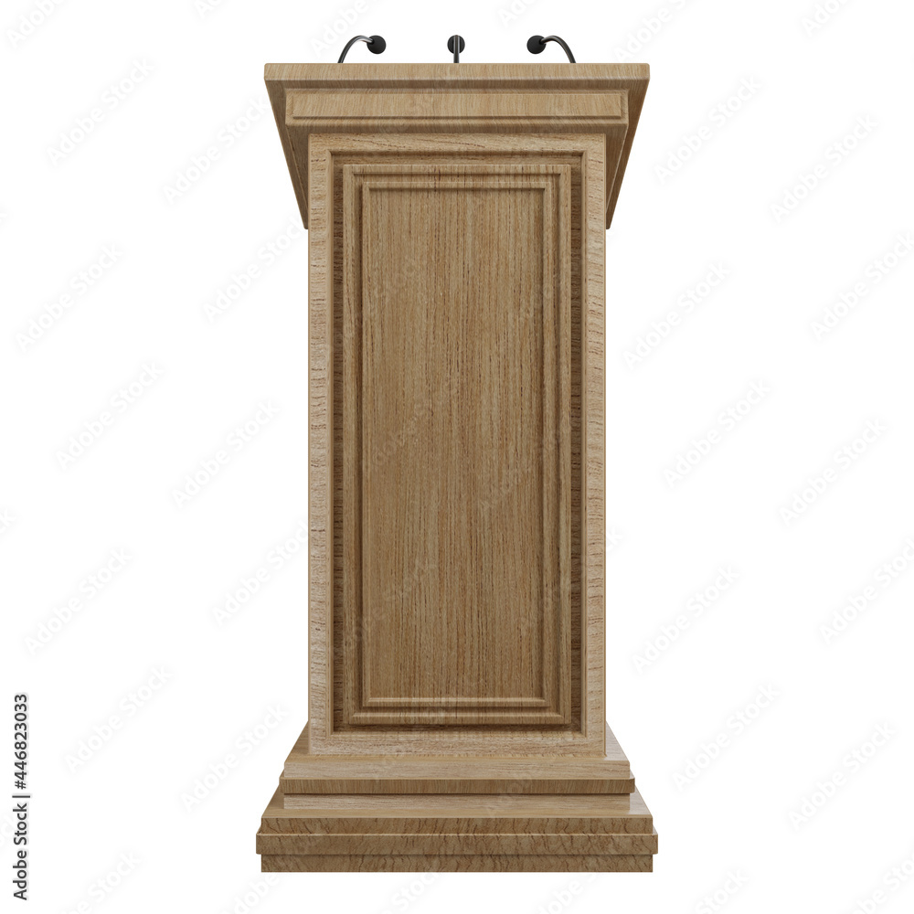 wooden speech podium with three small microphones attached on an ...