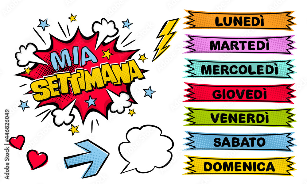 Italian Weekday labels. Set of comic stickers for week planner. Cartoon ...