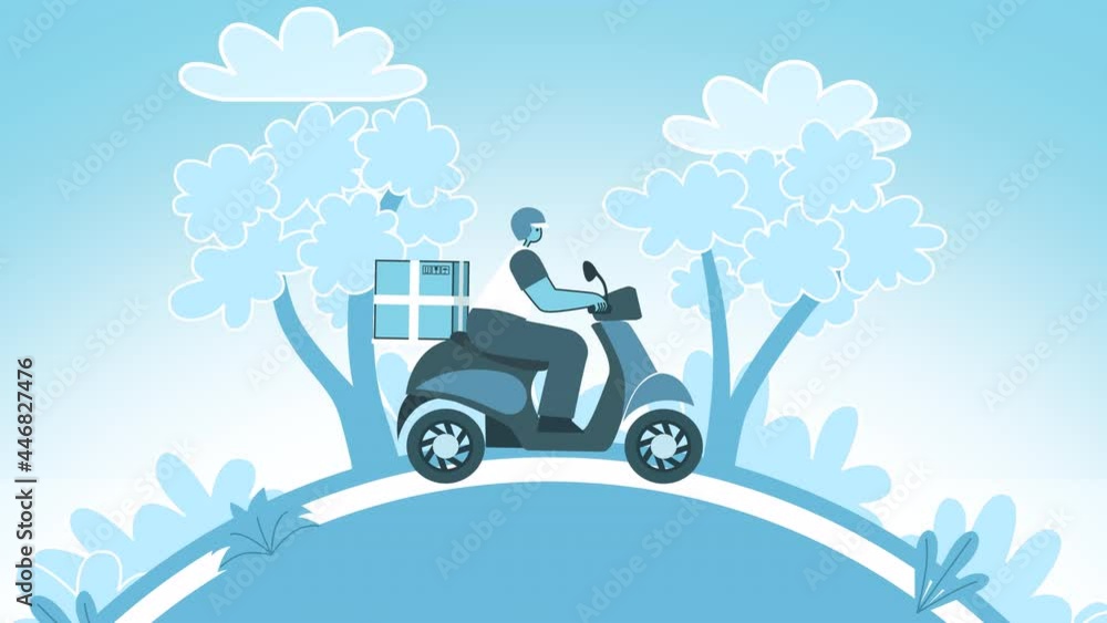 Cartoon flat deliveryman rides a motor scooter with cardboard box ...