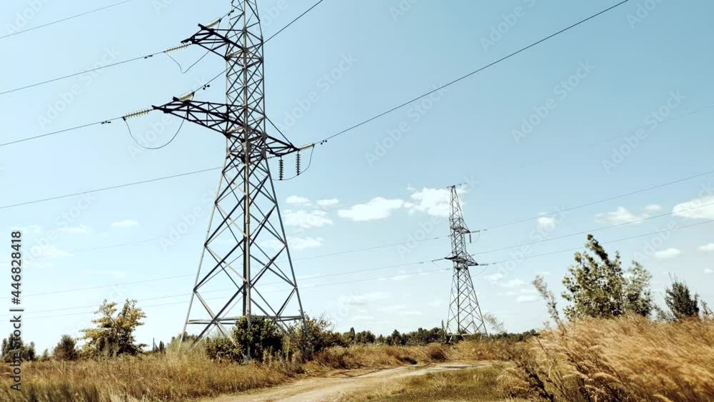 Power Lines And Blue Sky Time Lapse.High Voltage Electricity ...