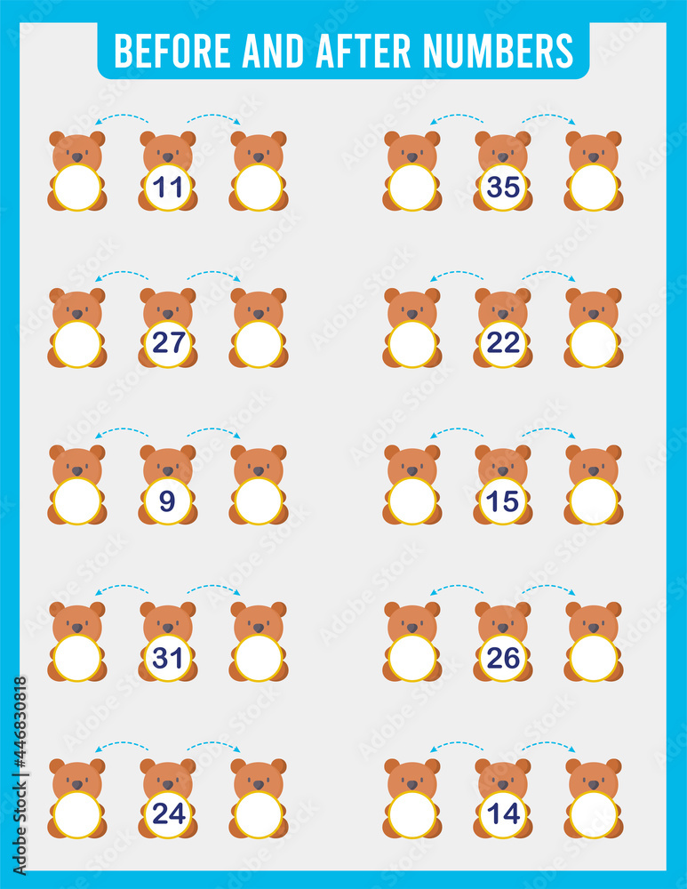 Fill in the missing numbers. Before and after. Range of numbers from 0 ...