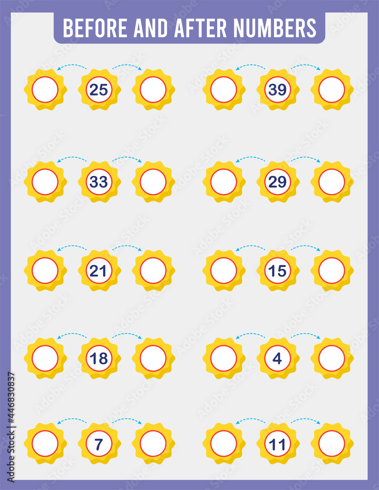 Fill in the missing numbers. Before and after. Range of numbers from 0 ...