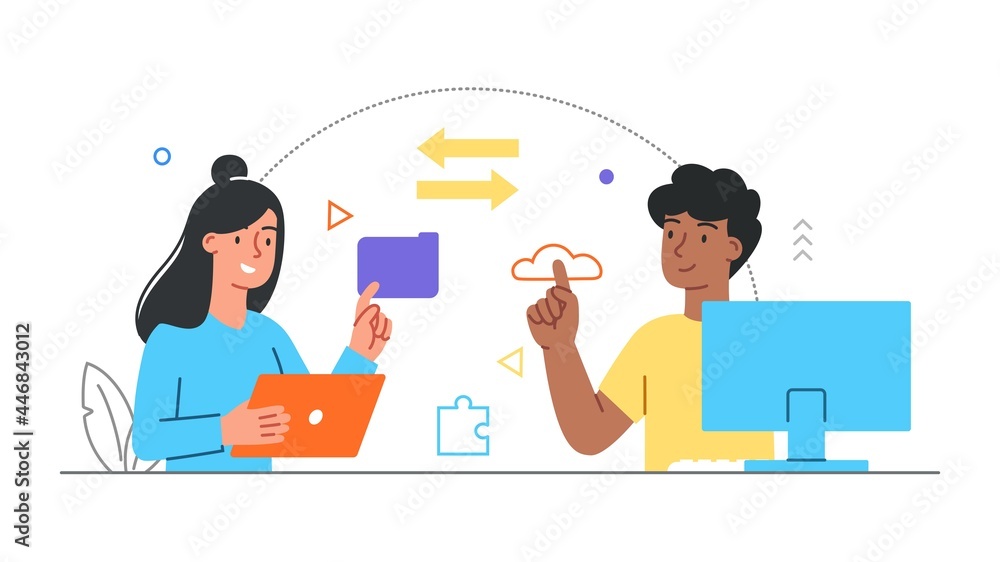 Data transfer concept. Characters exchange files via cloud storage and ...