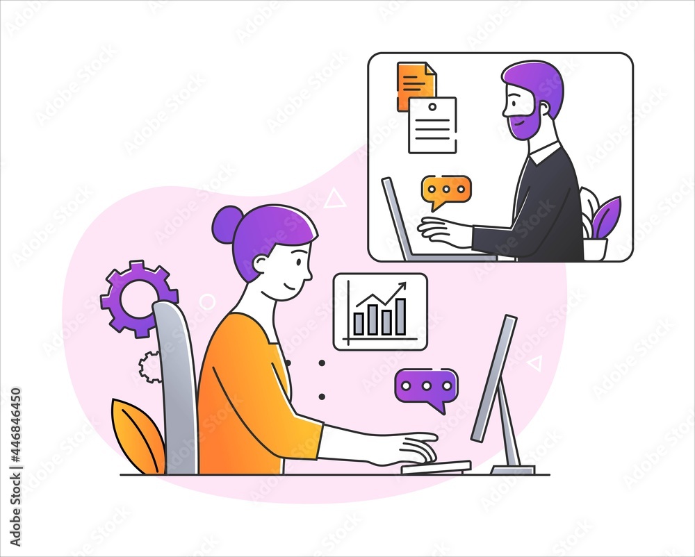 Working online concept. Woman sits at a computer at her workplace and ...