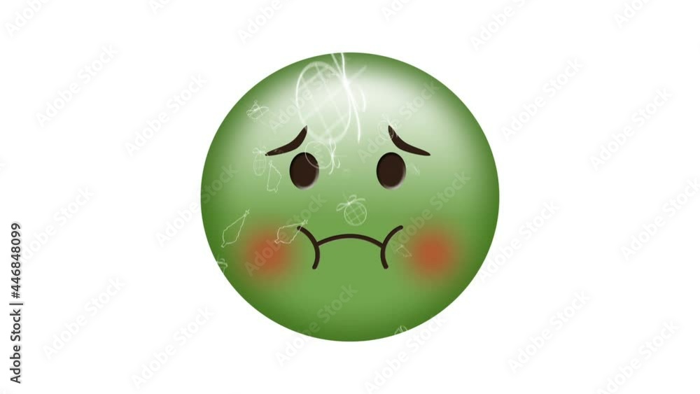 Digital animation of digital icons falling over puking face emoji ...