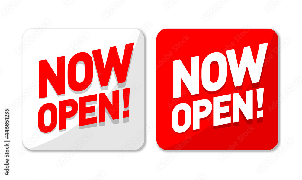 Now Open stickers for online shop. White and red vector label with ...