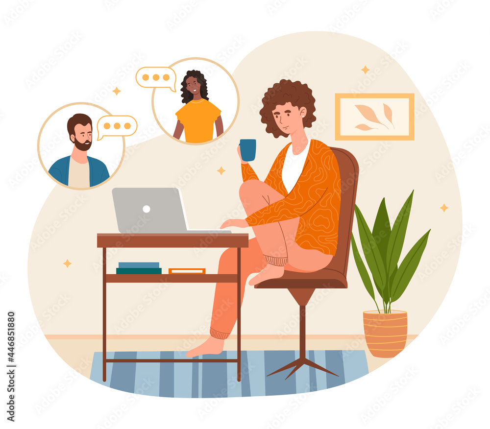 Working from home concept. Woman sits at home at desk and communicates ...