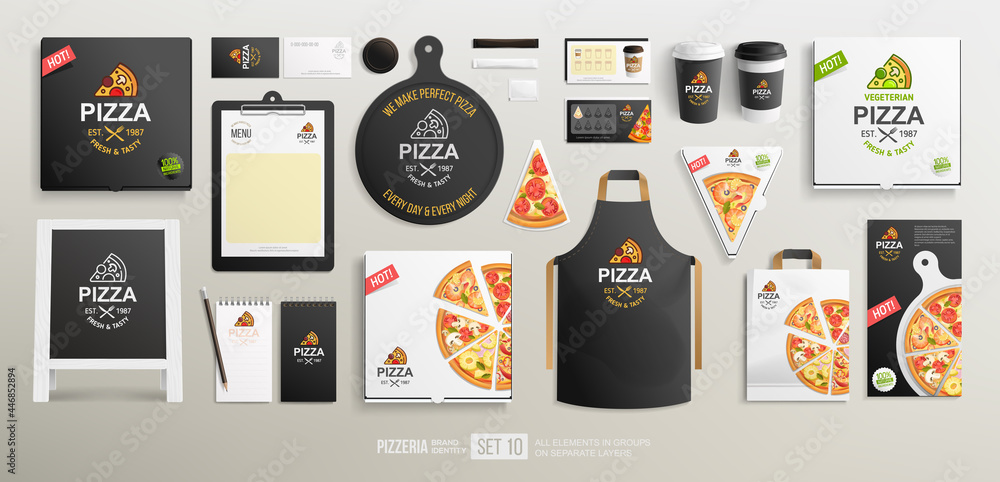 Pizzeria restaurant Black Brand Identity mockup set with different ...