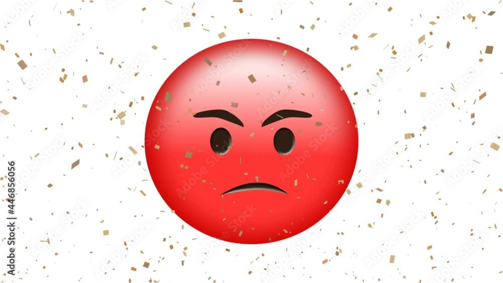 Digital animation of golden confetti falling over red angry face emoji ...