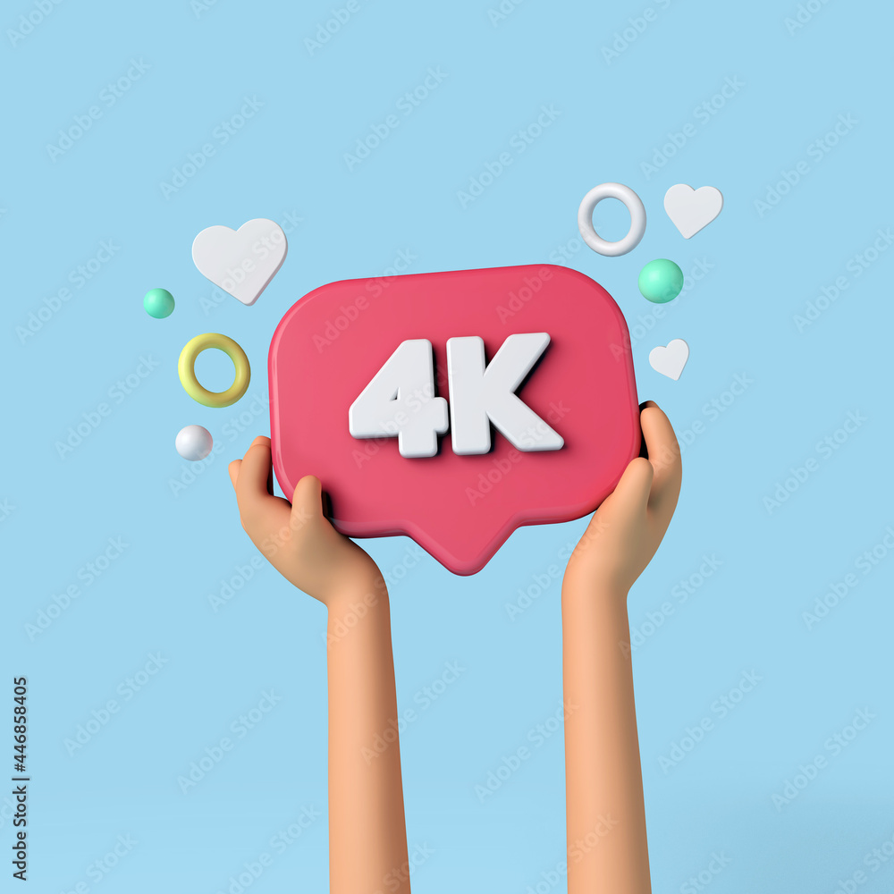 4k social media subscribers sign held by an influencer. 3D Rendering ...