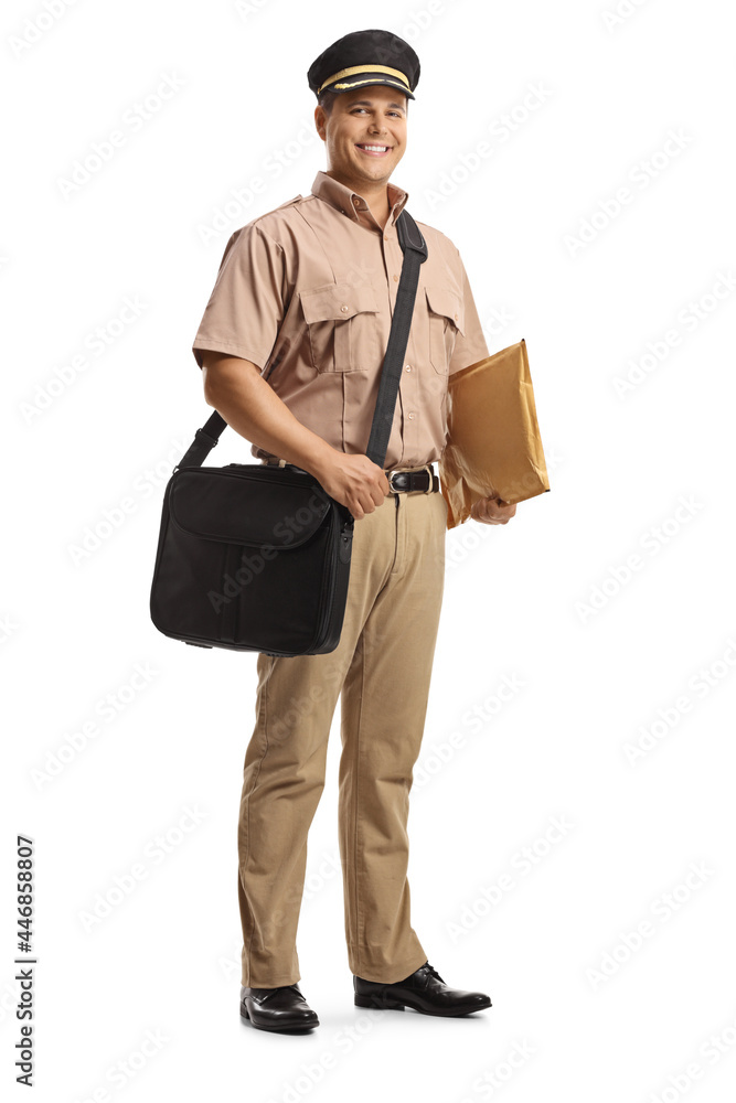 Full length portrait of a young mailman in a uniform carrying a bag and ...