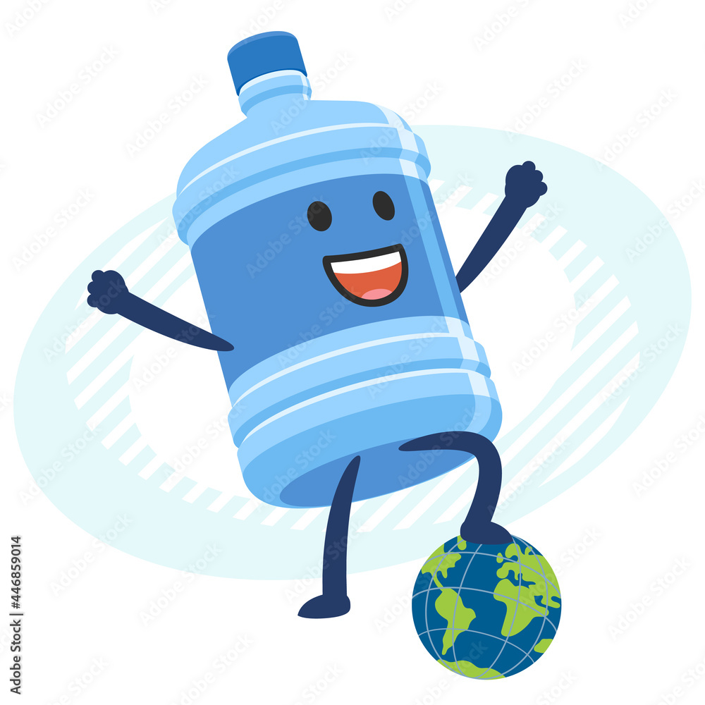 Cartoon Water Bottle Character keeping his foot above the planet ...