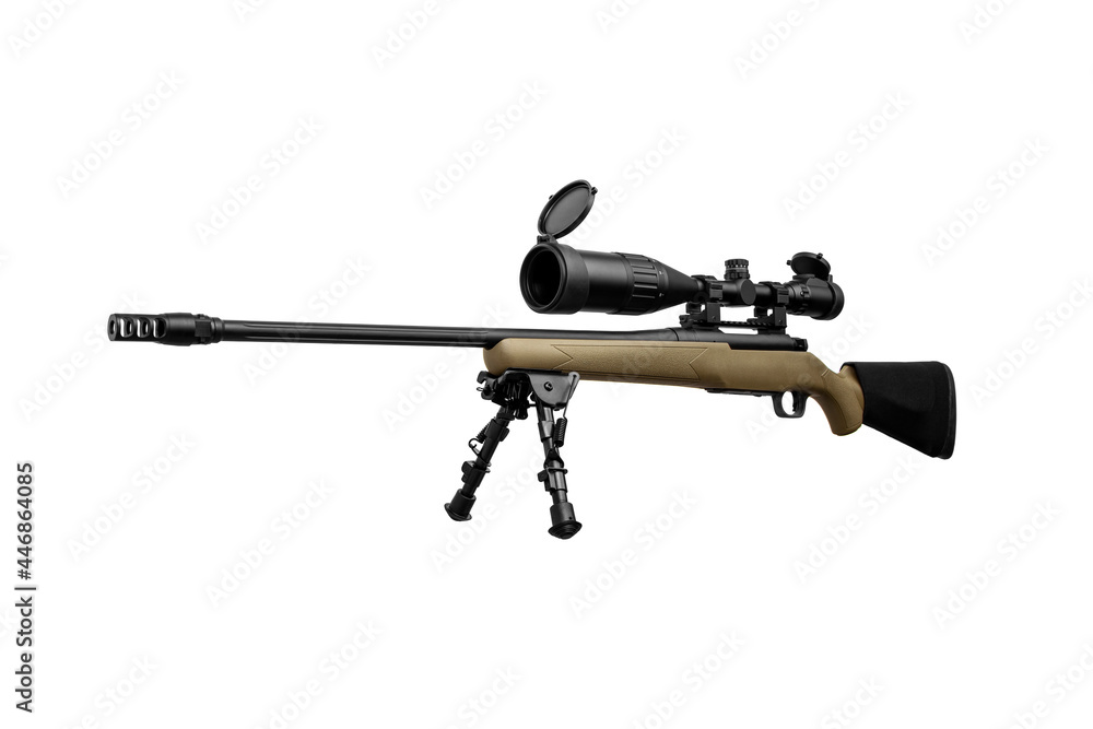 A modern bolt-action sniper rifle with a telescopic sight sits on a ...