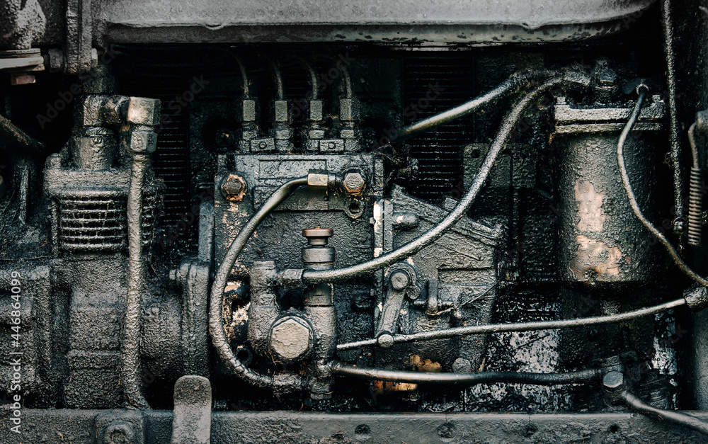 Engine details. Diesel engine. Motor. Old oily engine in need of repair ...