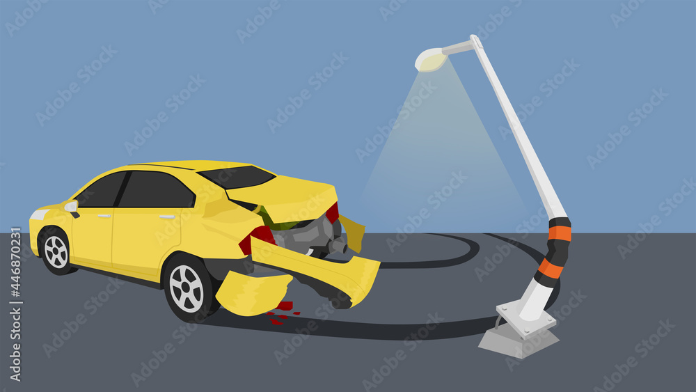 Vetor de Yellow car accident rotate and collide with electric poles ...