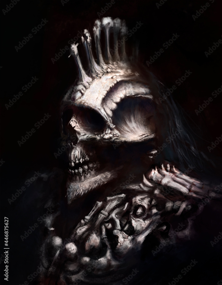Undead skeleton, wearing bone armor, no eyes, bone mohawk on his skull ...
