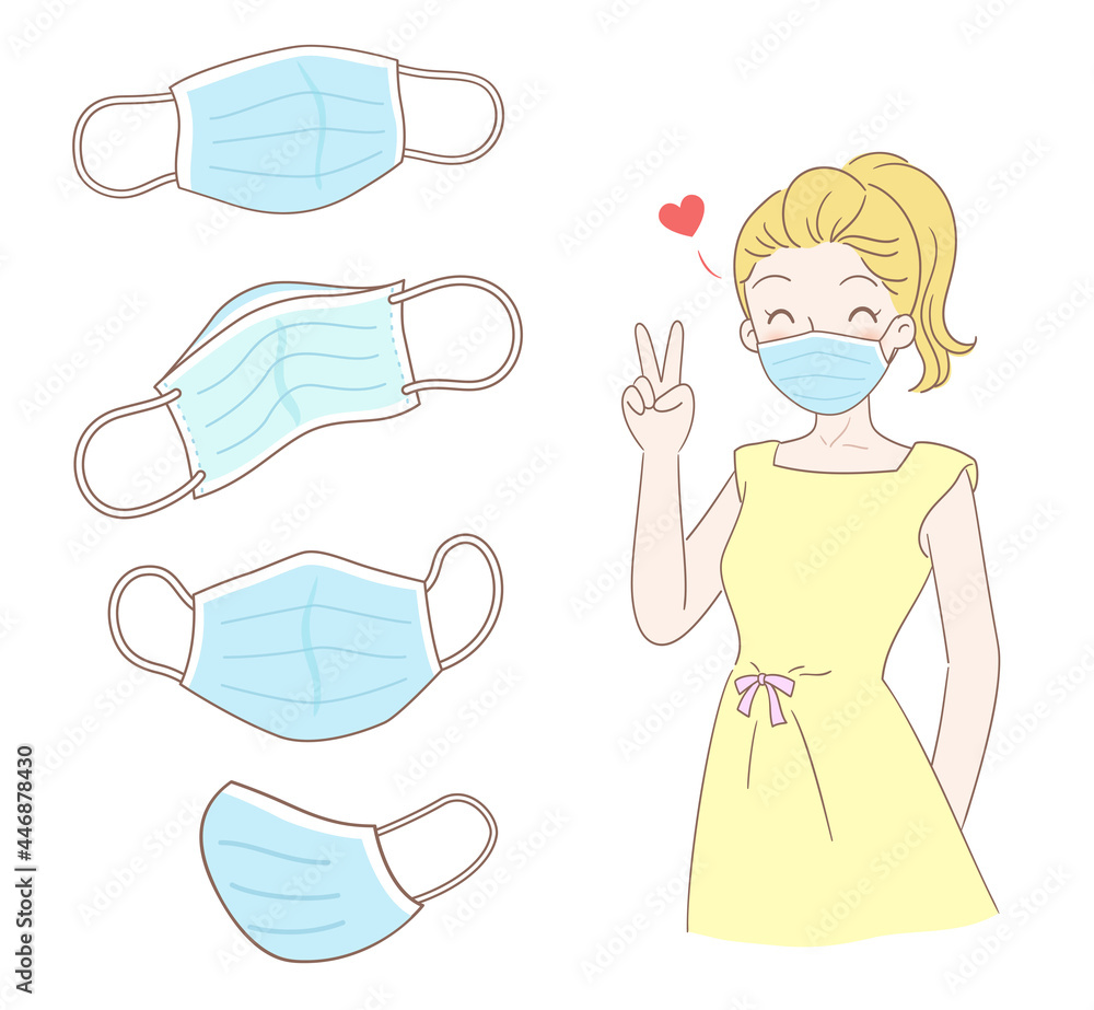 Four masks from different angles and a woman making a happy gesture and ...