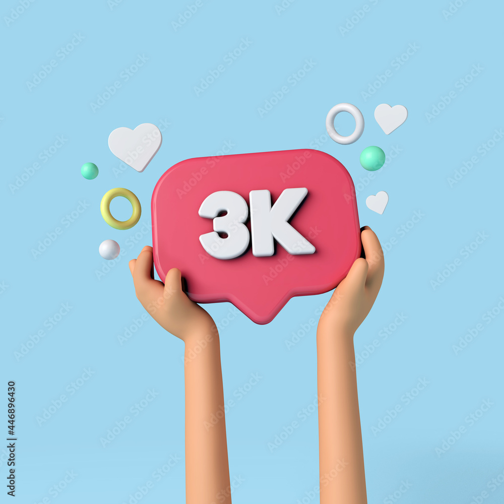 3k social media subscribers sign held by an influencer. 3D Rendering ...