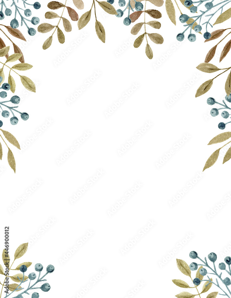 Hand drawn watercolor painting with greenery frame composed of green ...