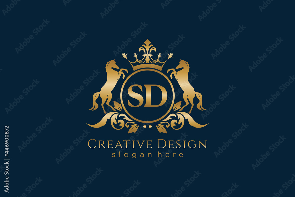 initial SD Retro golden crest with circle and two horses, badge ...