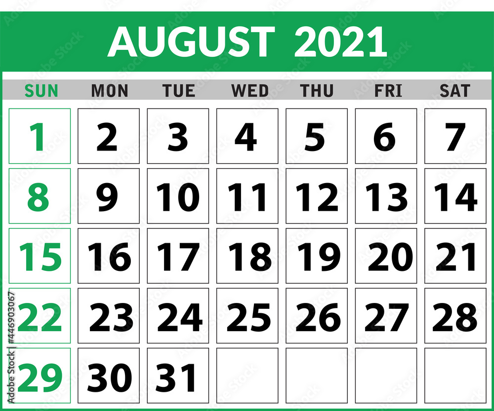 2021 August Calendar Layout template isolated in white background, Week ...