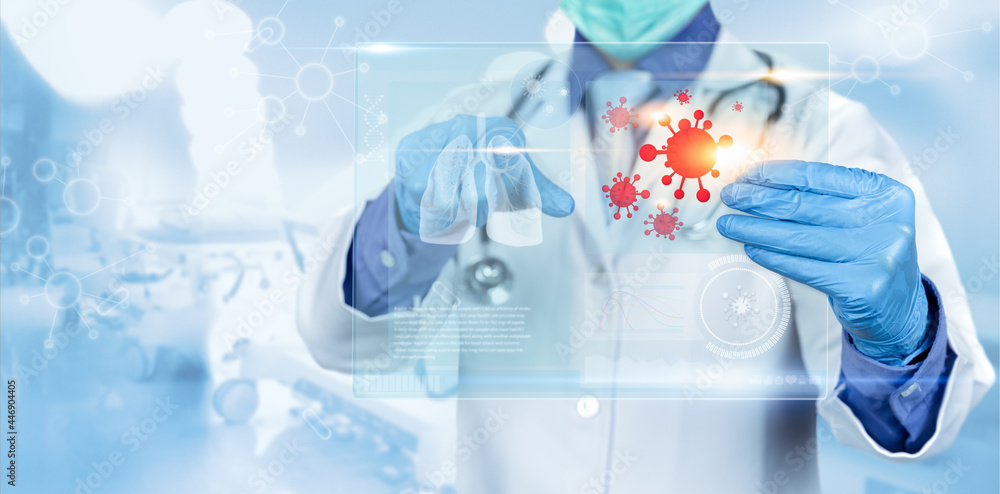 Medicine doctor holding virtual screen for anlysis and diagnose ...