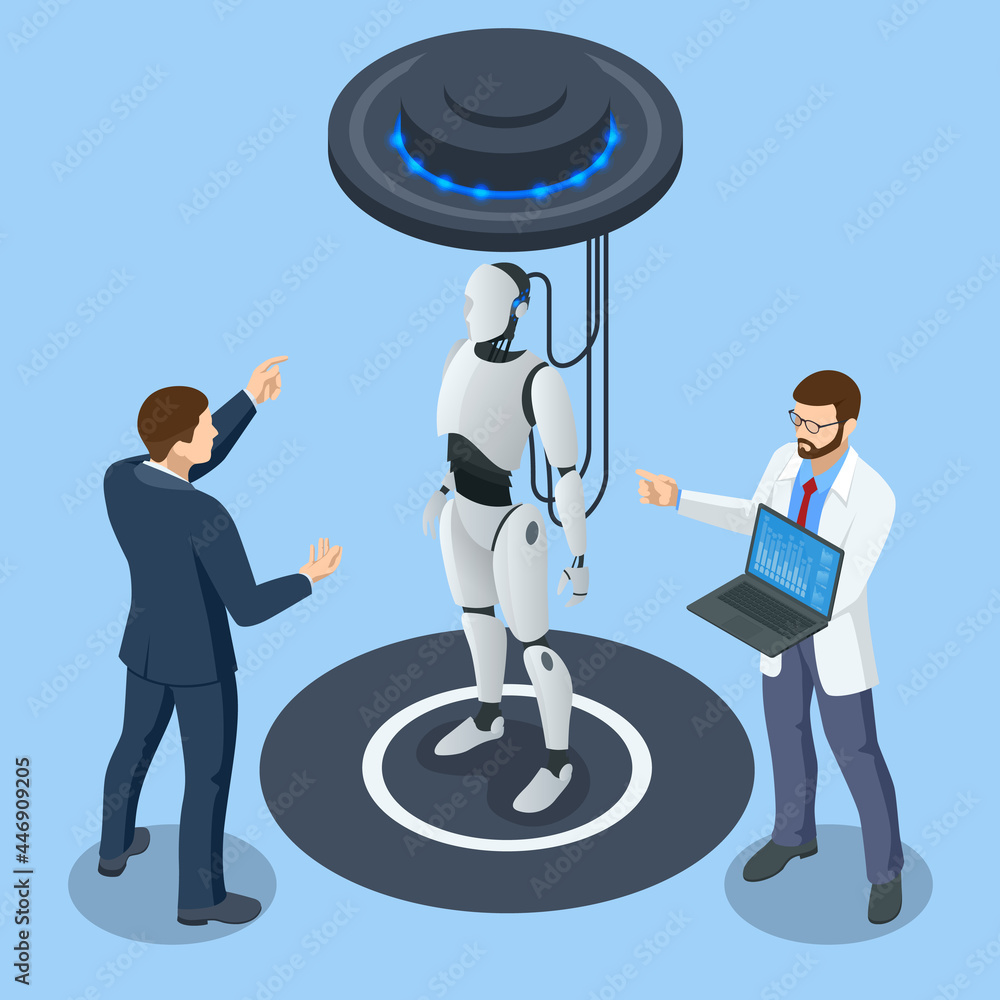 Isometric robot analyzes the database. Artificial intelligence working ...